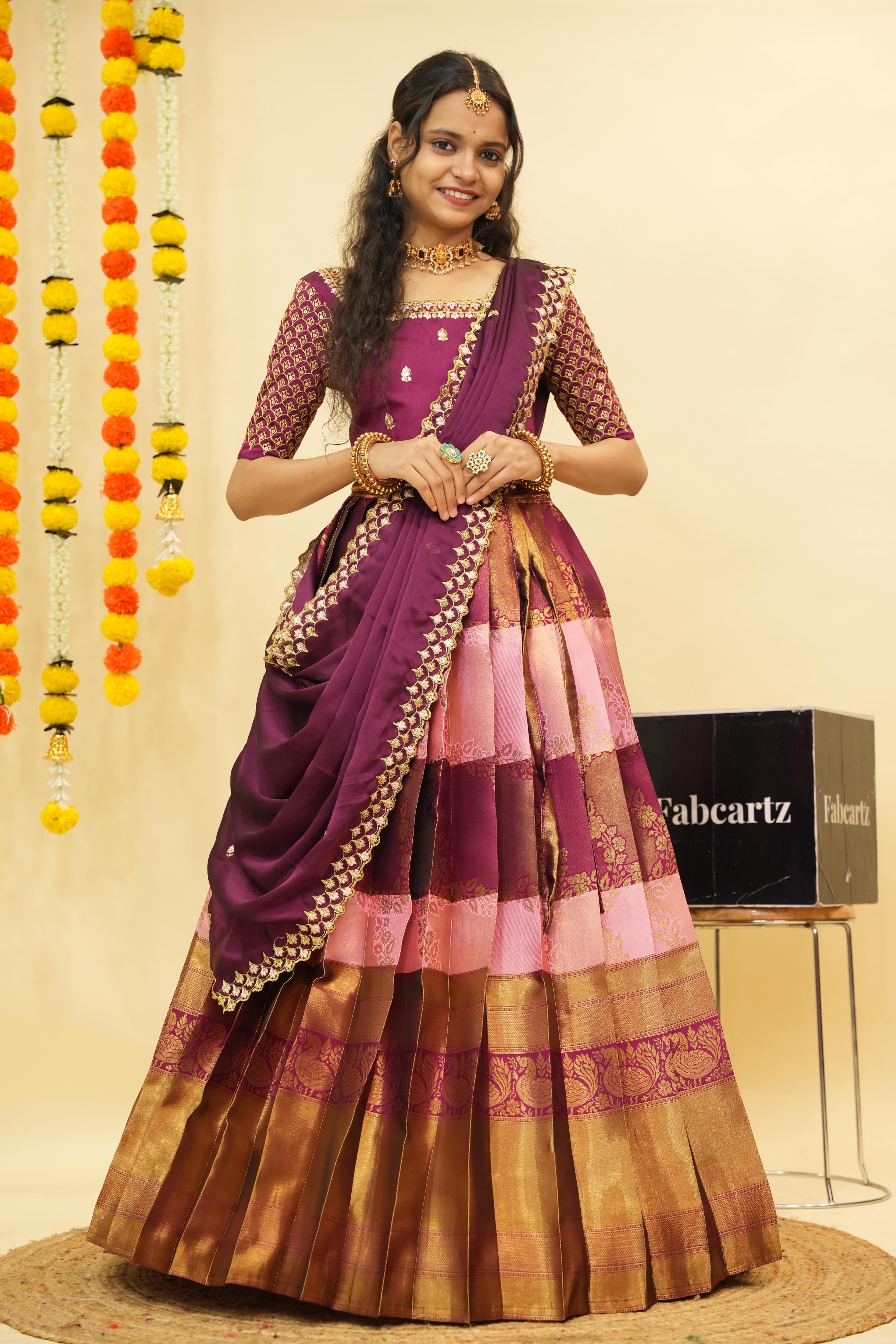 Pranavi Women's Woven Design zari work Half Saree with Embroidered Blo ...